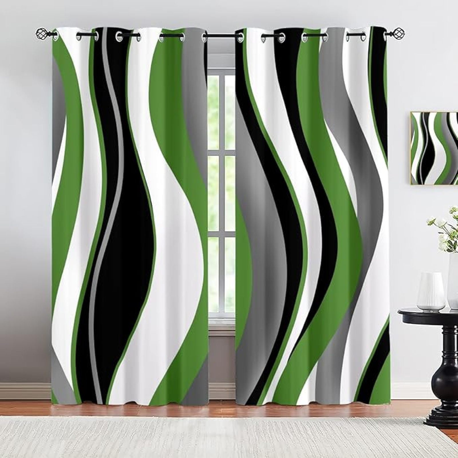 Black And White Water Curtains For Bedroom, Green Geometric Lines ...