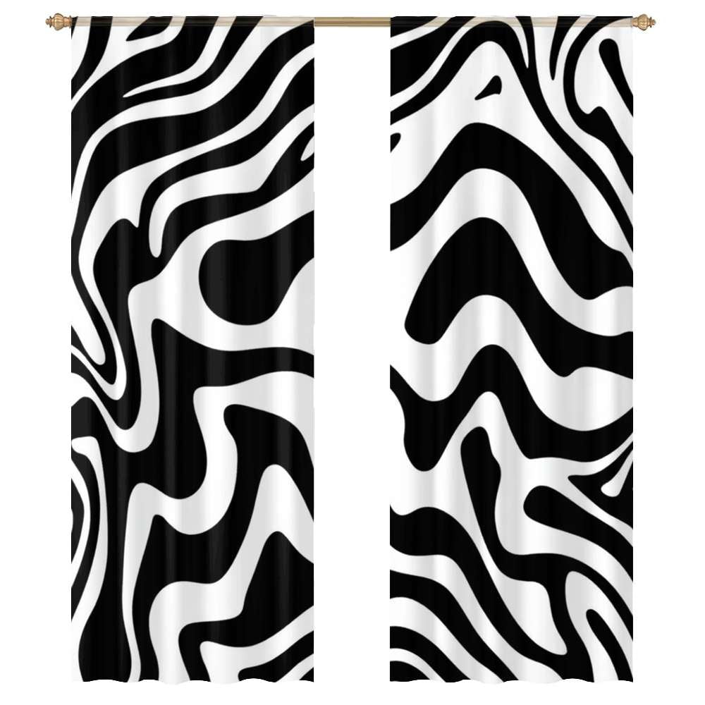 Black White Wavy Abstract Design Sheer Window Curtains for Living Room ...