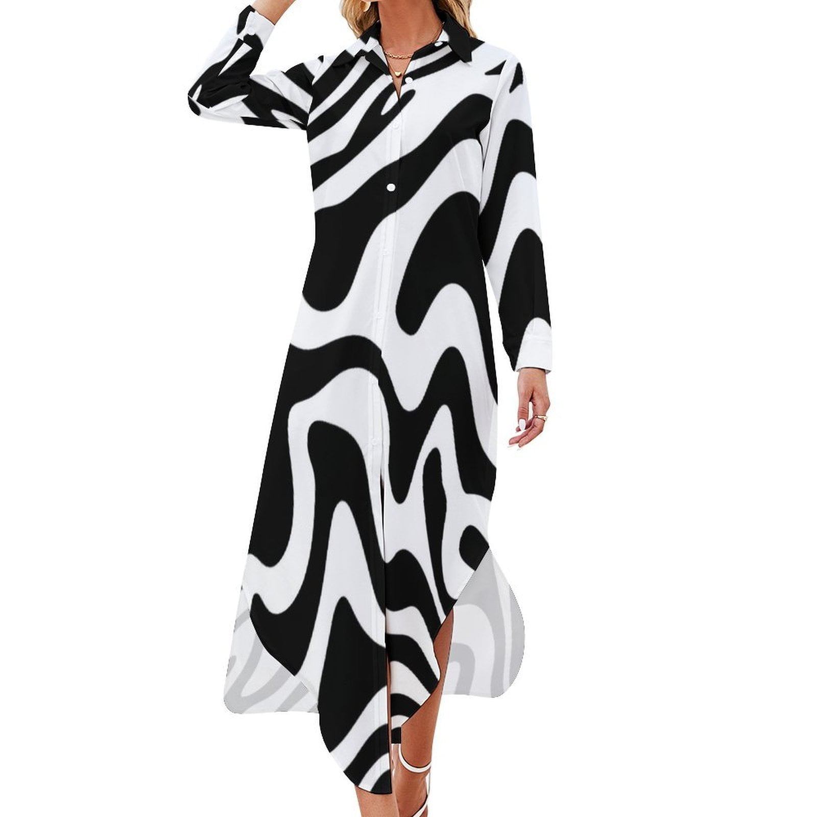 Black White Wavy Abstract Design Shirt Dress Long Sleeve Street Fashion ...