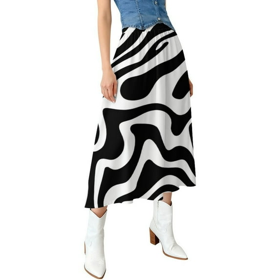 Black White Wavy Abstract Design Women High Waist Midi Skirt Elegant ...