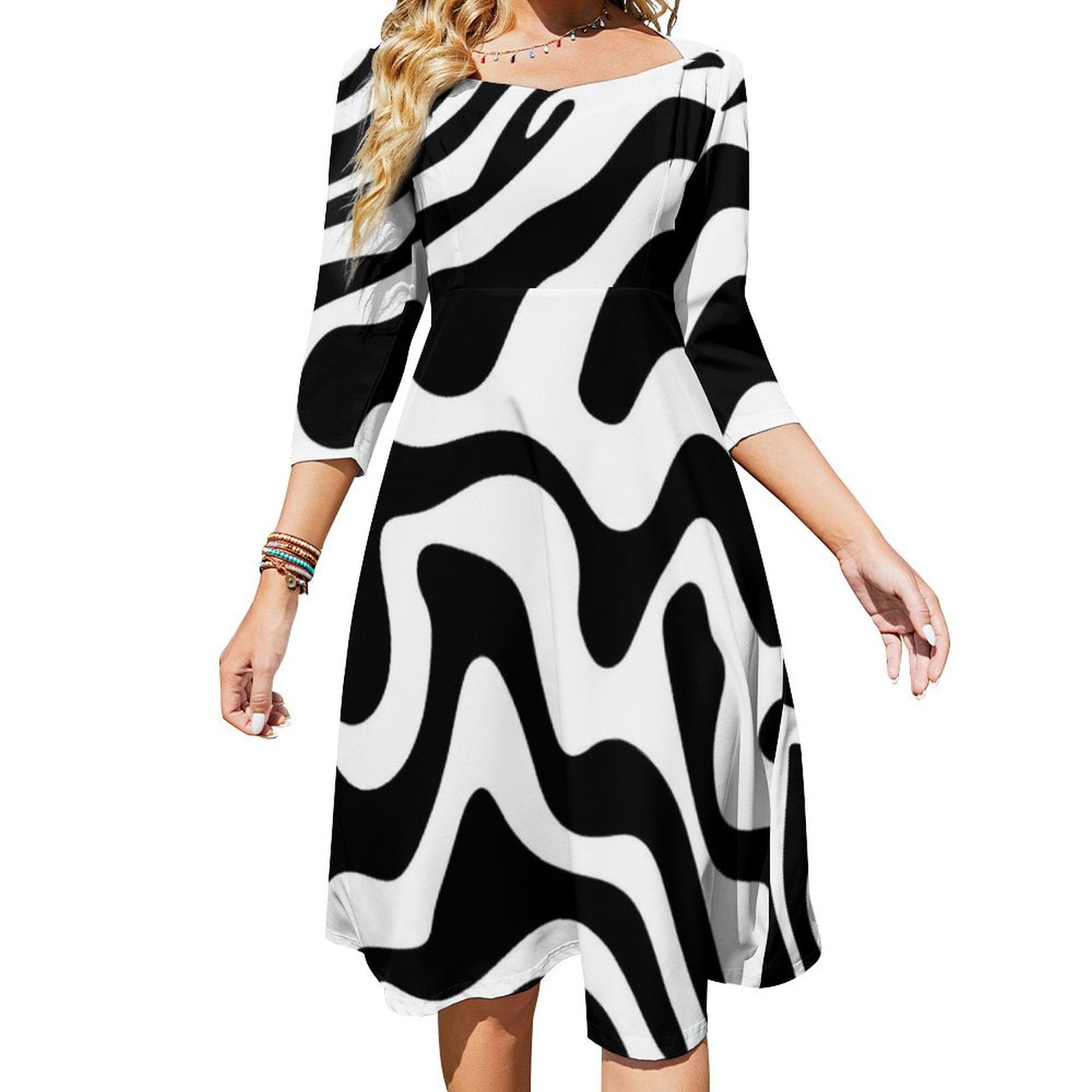 Black White Wavy Abstract Design Women's Fall Dresses Casual Loose ...