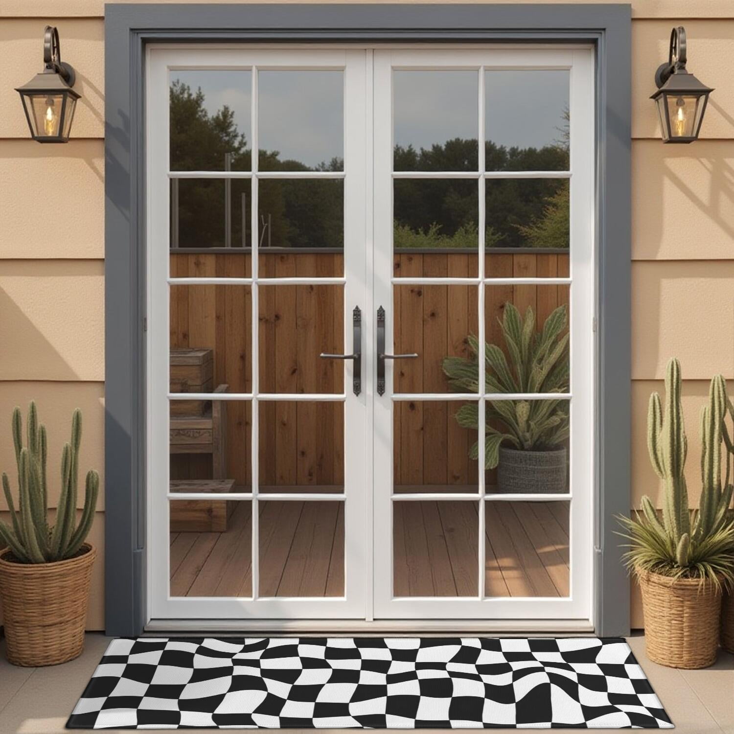 Black and White Wavy Checkerboard Pattern Door Rugs,Washable Non Slip ...