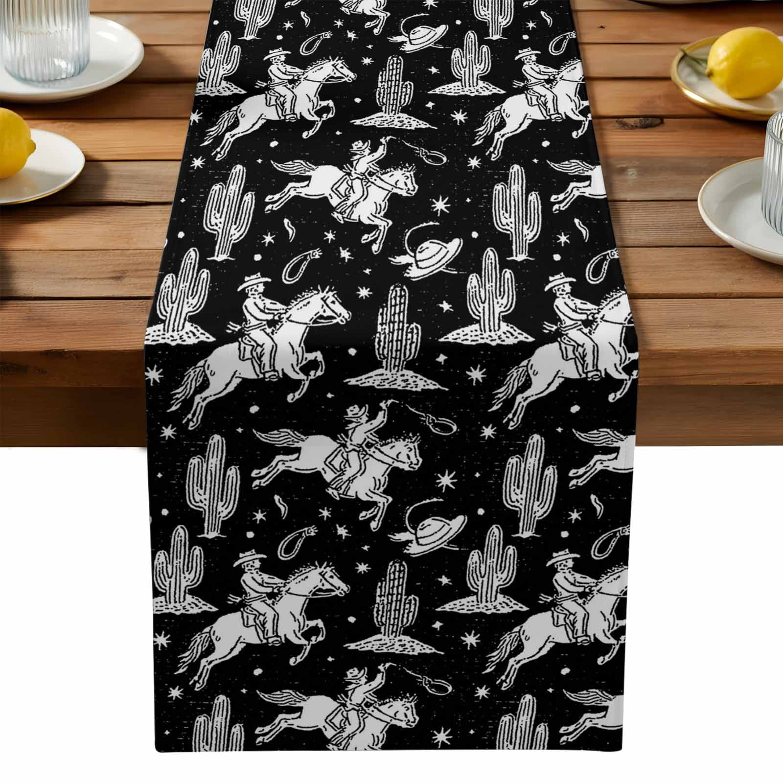Black White Western Cowboy Table Runner, Vintage Cactus Cowboy Hat ...
