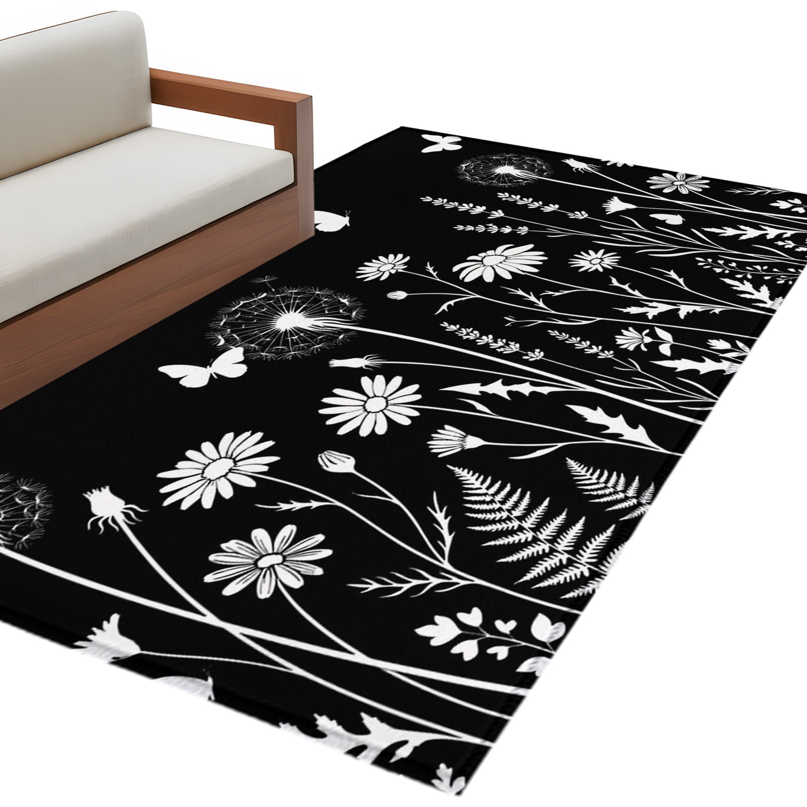 Black White Wildflowers Area Rug Washable 3x5 Entryway Rug Non-Slip ...