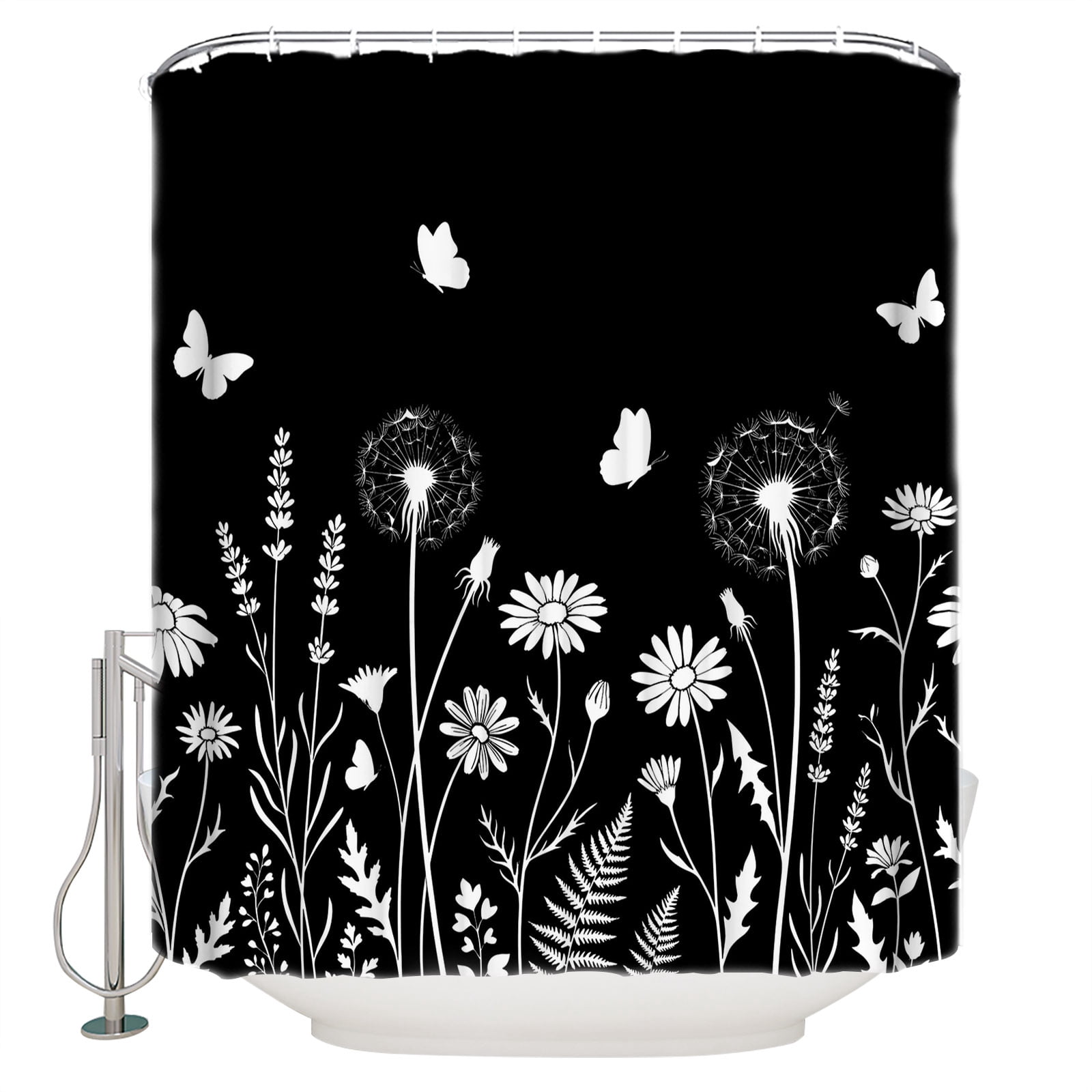 Black White Wildflowers Bathroom Shower Curtains with 12 Hooks ...