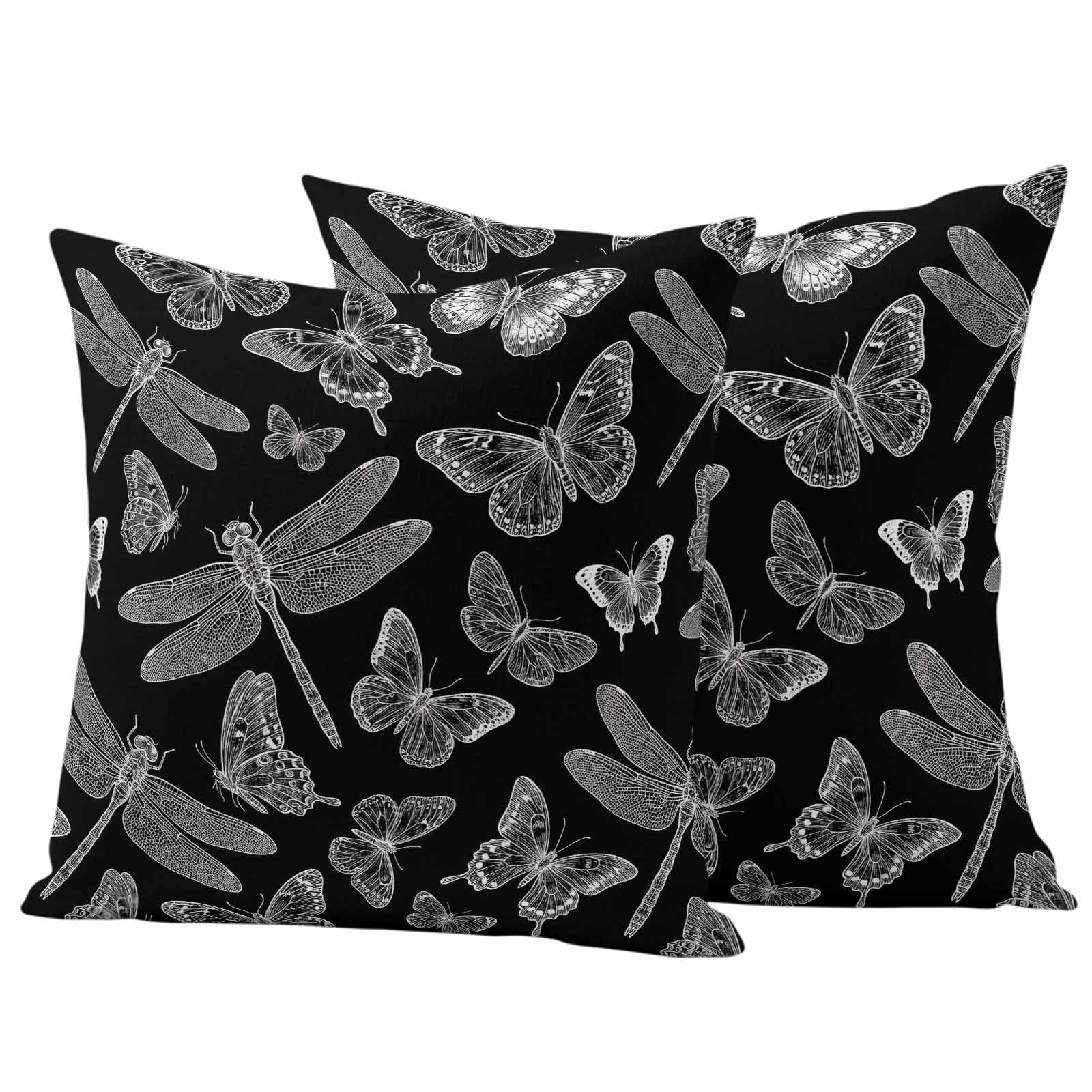 Black and White Wings Outdoor Pillow Covers Set of 2 Flying Dragonfly ...