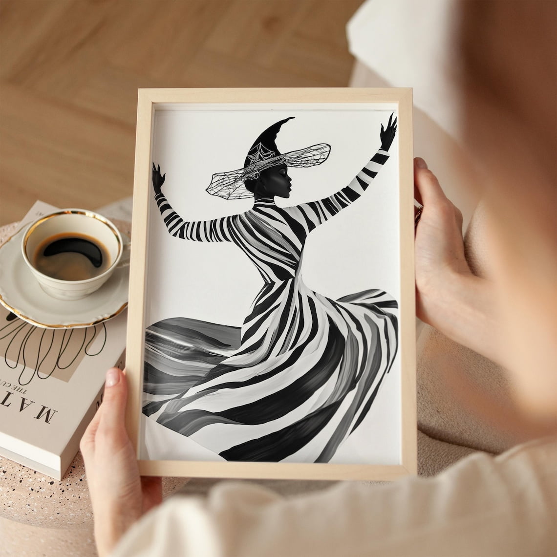 Black And White Witch Art, Witch With Spider Web Hat, Modern Witch ...