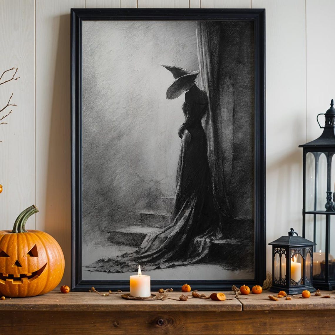 Black And White Witch Poster – Spooky Wall Art Of A Witch Leaning ...