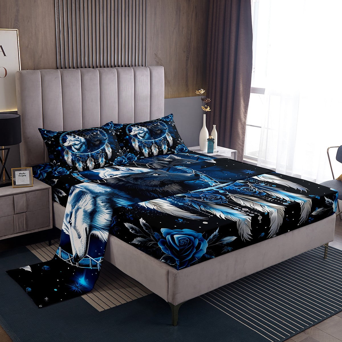 Black and White Wolf Bed Sheets Set Dream Catchers Sheets,Boho Feather ...