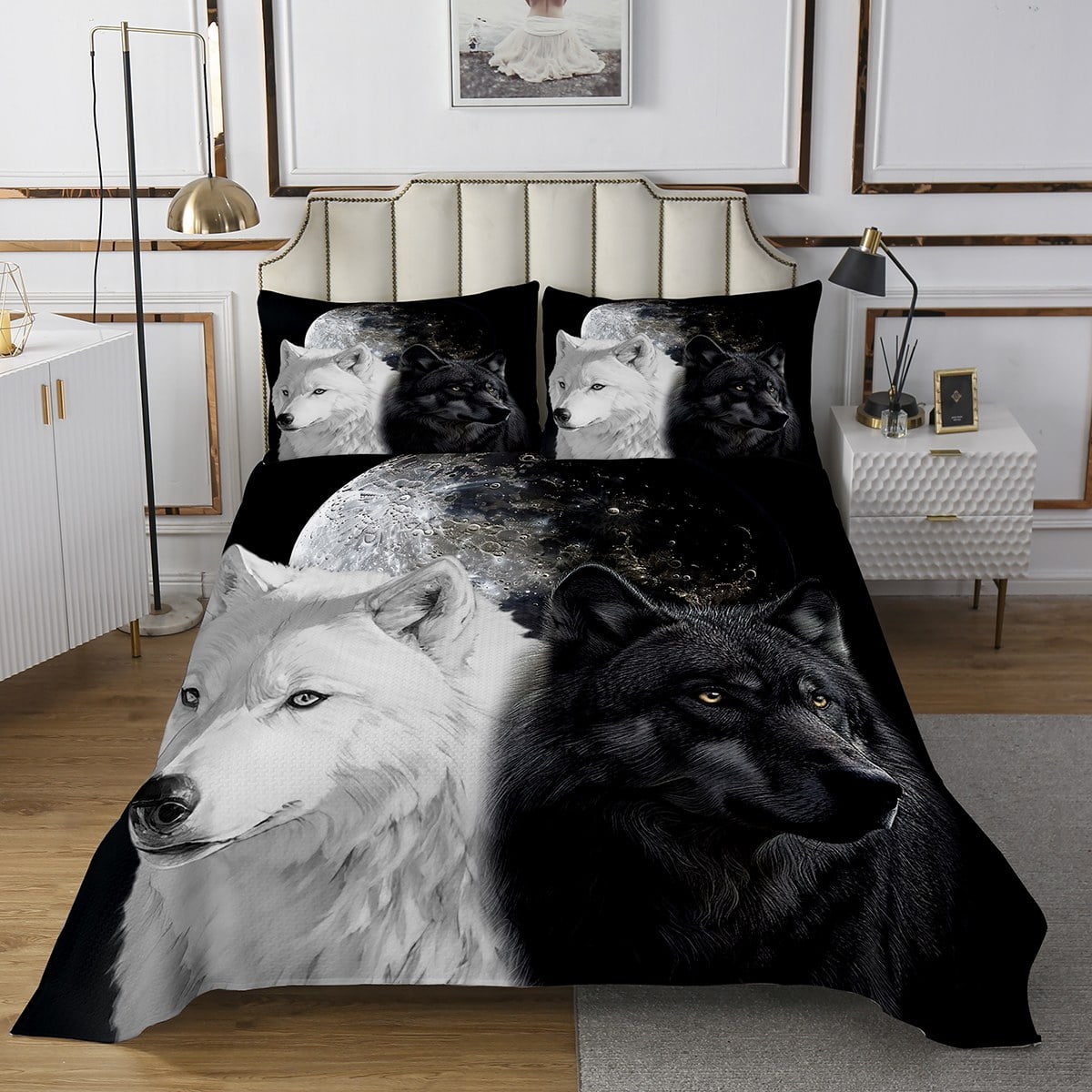 Black and White Wolf Coverlet Set for Wolf Lovers Bedspread Set Twin ...
