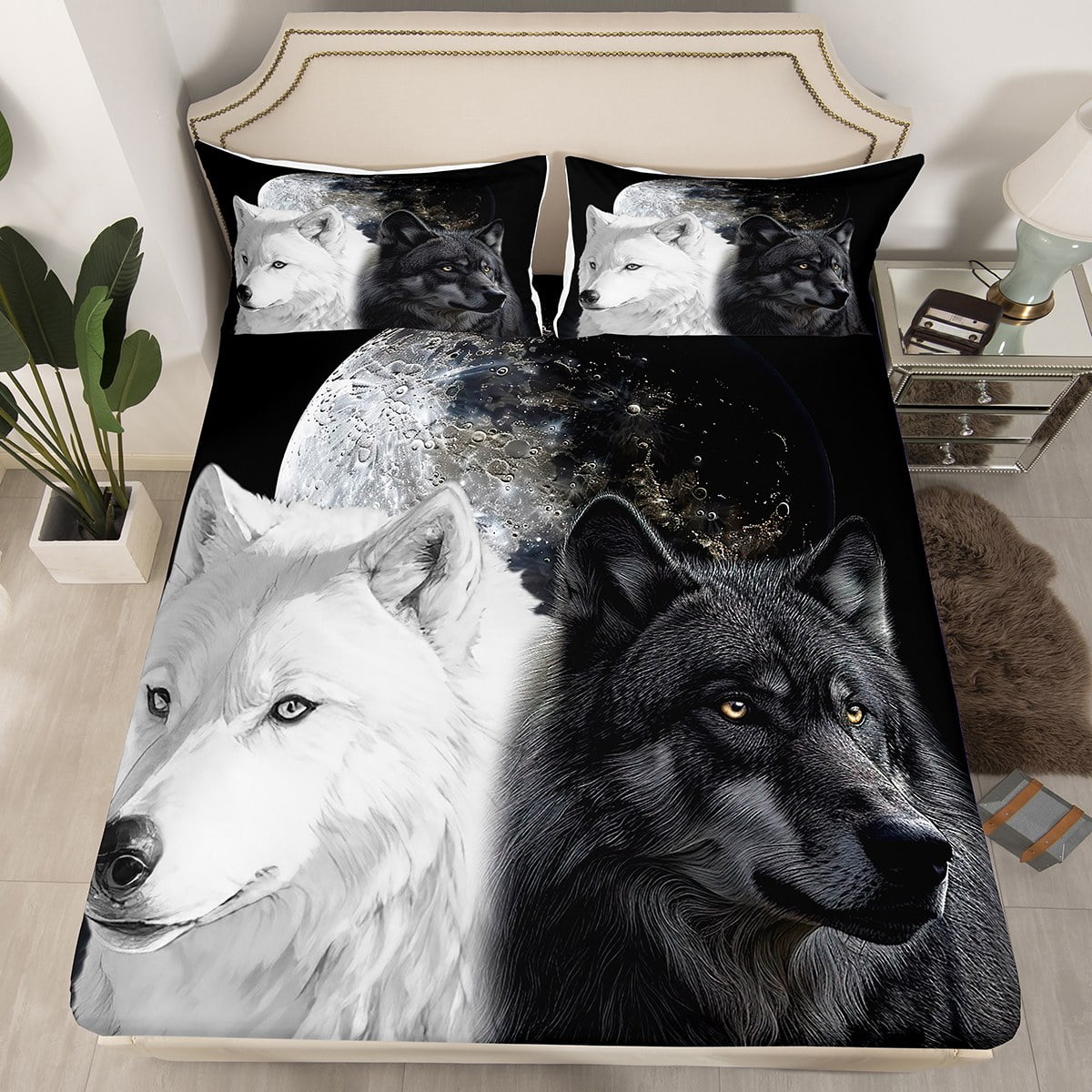 Black and White Wolf Fitted Sheet for Wolf Lovers Bedding Sets Full ...