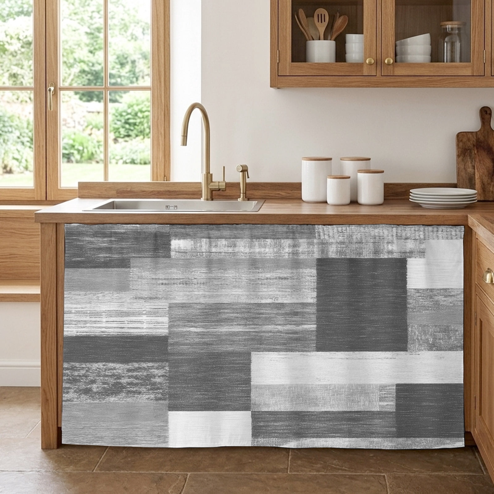 Black White Wood Stripes Cabinet Curtains 28" W x 51" L Retro Geometric ...