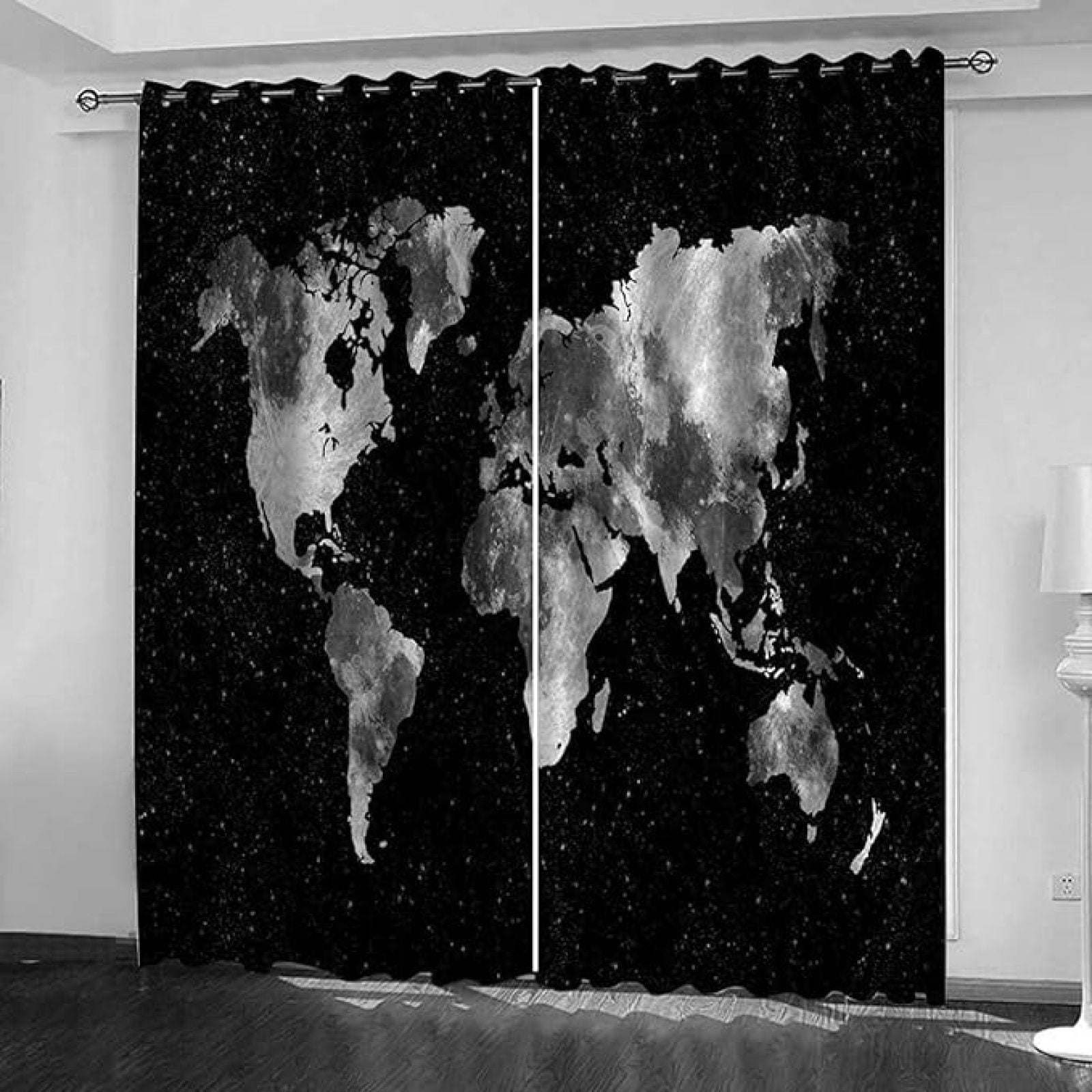 Black And White World Map Blackout Curtains, Starry Sky Retro Map 3D ...