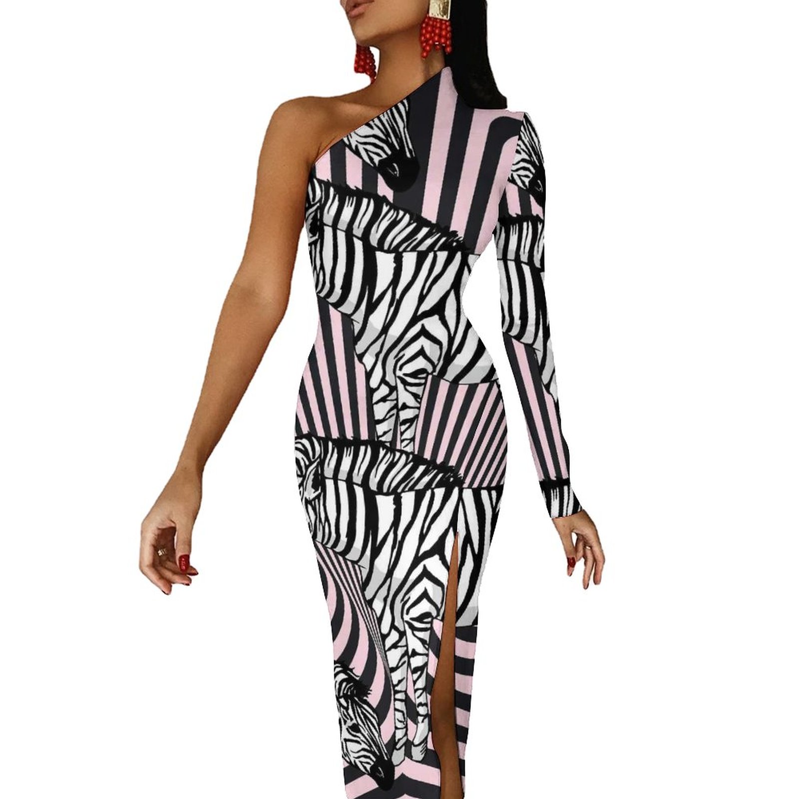 Black White Zebra Long Dress Women Animal Print Party Maxi Dress Autumn ...