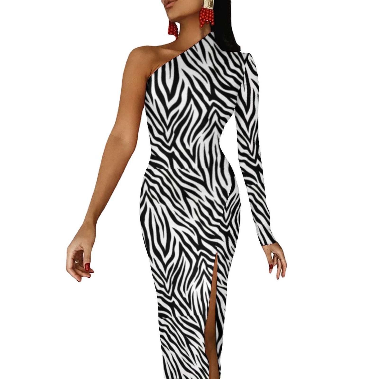 Black White Zebra Long Dress Women Animal Print Party Maxi Dress Autumn ...