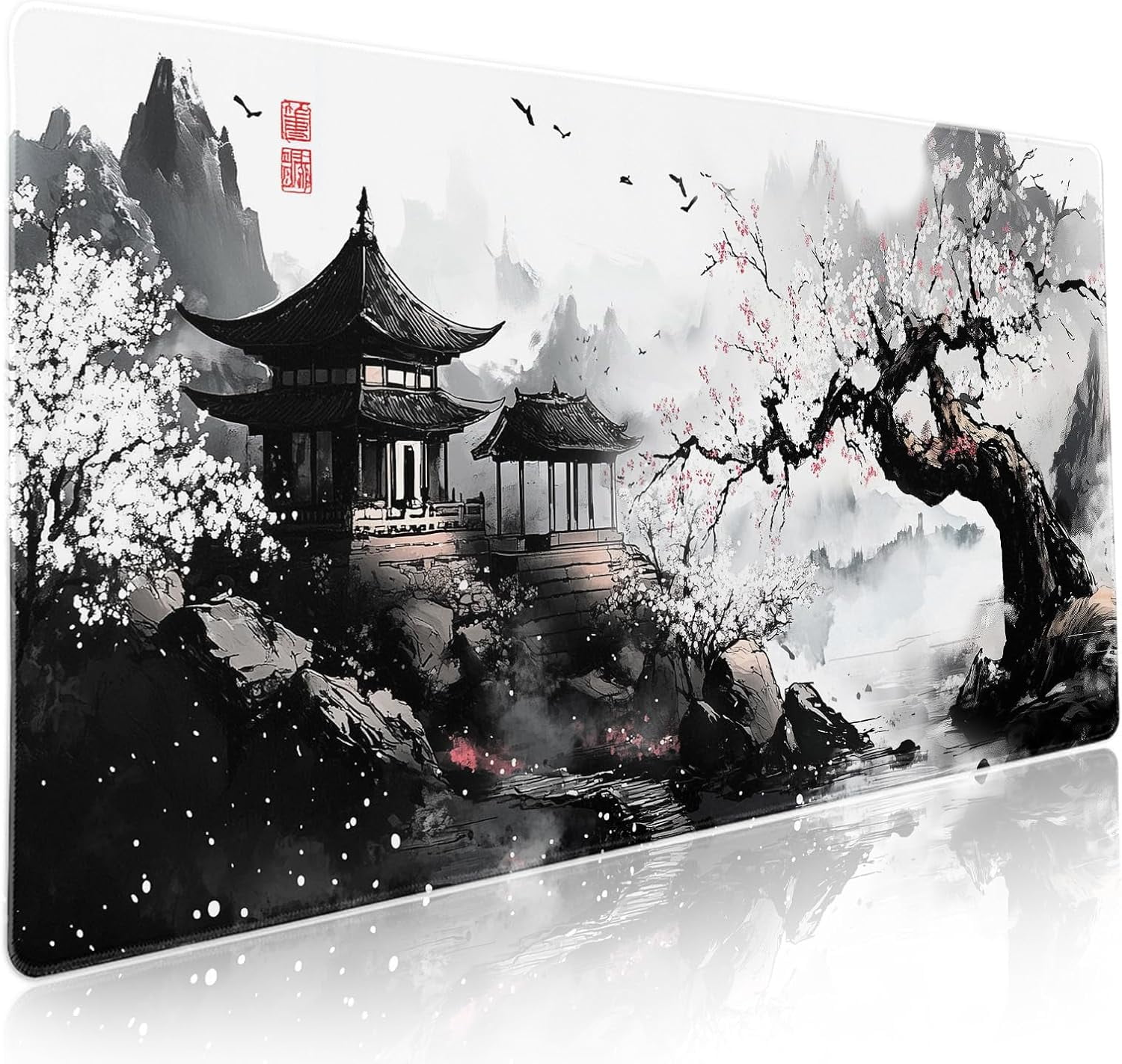 Black Whtie Japanese Gaming Mouse Pad Anime Sakura Cherry Blossom Tree ...