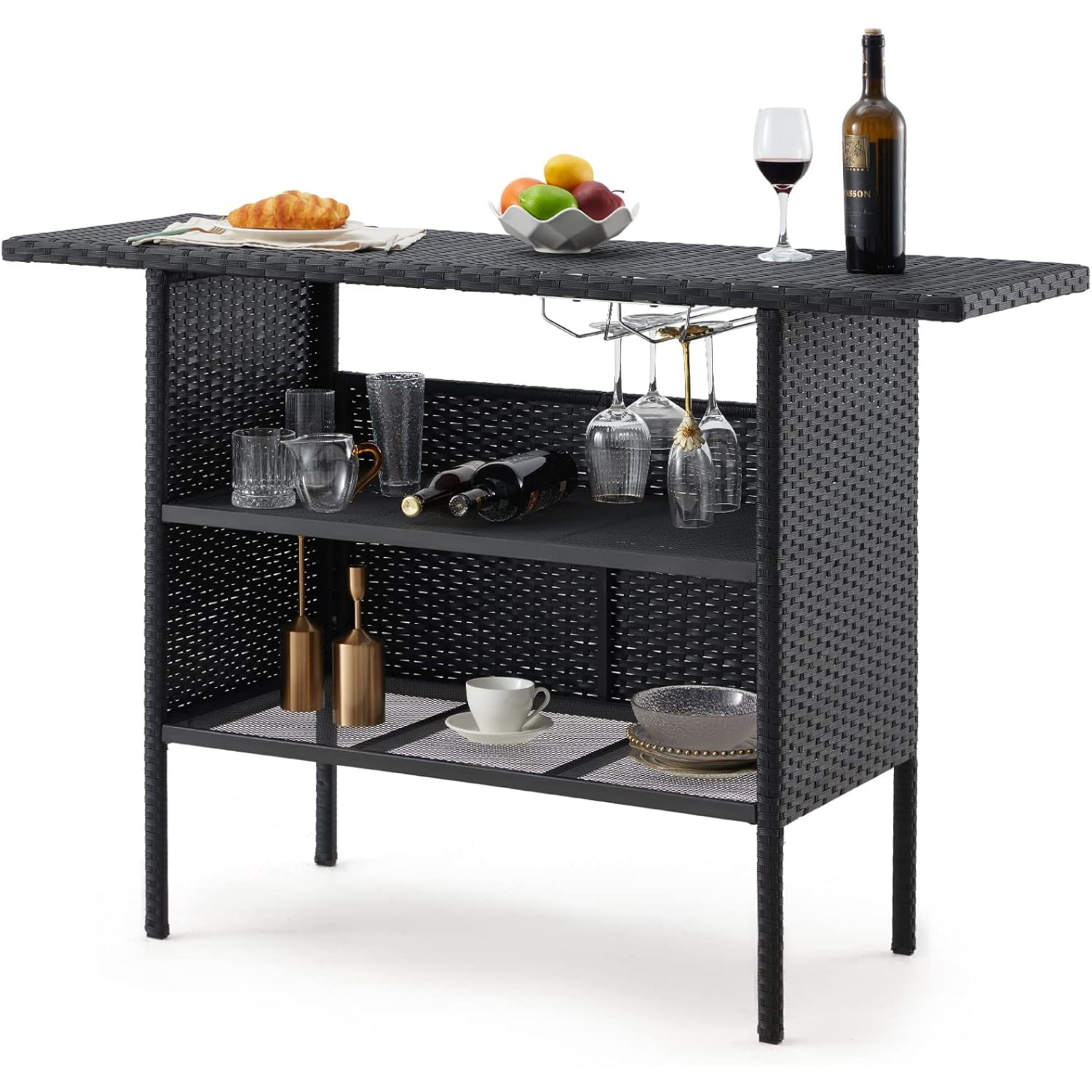 Black Wicker Bar Table, Outdoor Patio Console Table Serving Table, Mini ...