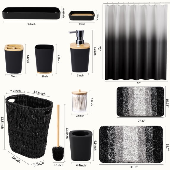 Black Wicker Bathroom Set+Shower Curtain+Bath Rugs Complete Bath ...