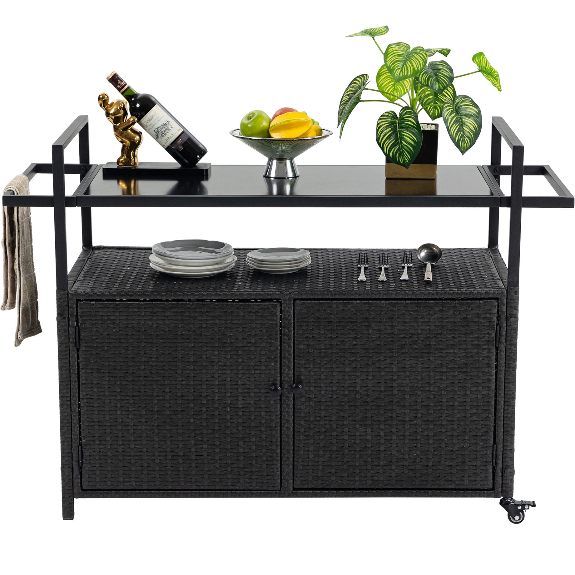 Black Wicker Beverage Cart+Spacious Counter”-“Backyard BBQs/Indoor ...