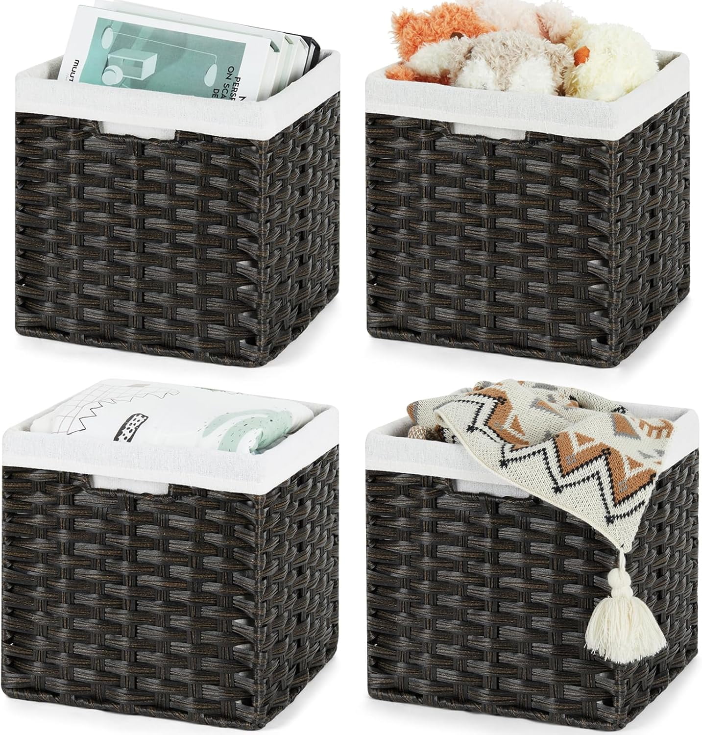 Black Wicker Cube Baskets 11 inch 4 Pack Waterproof Hand-Woven Storage ...