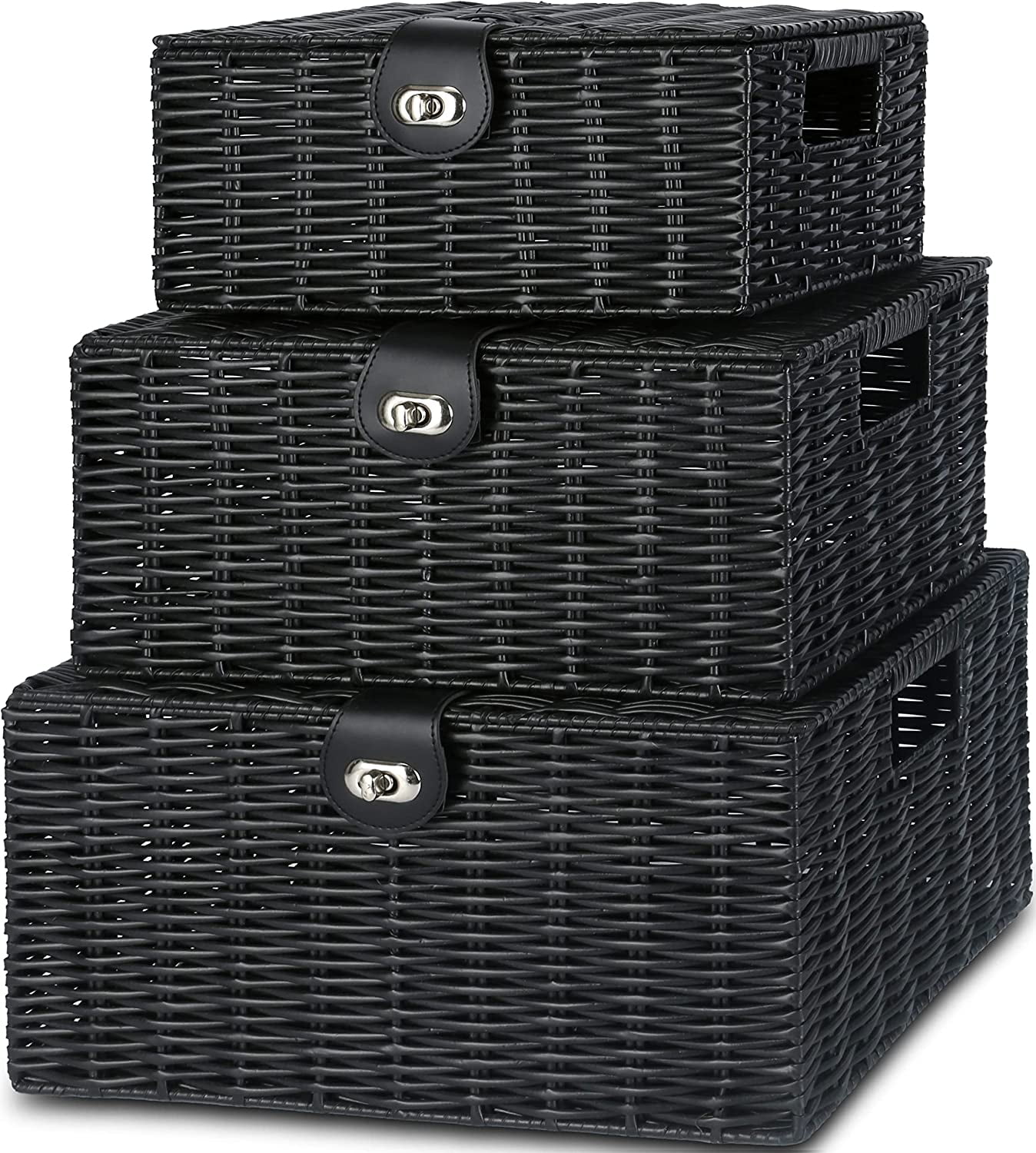 Black Wicker Storage Baskets - Set of 3 Decorative Nesting Boxes with ...