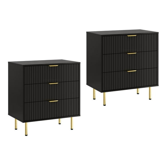 Black Wide 3 Drawer Nightstand Set of 2 , Wood Night Stand Bedside ...