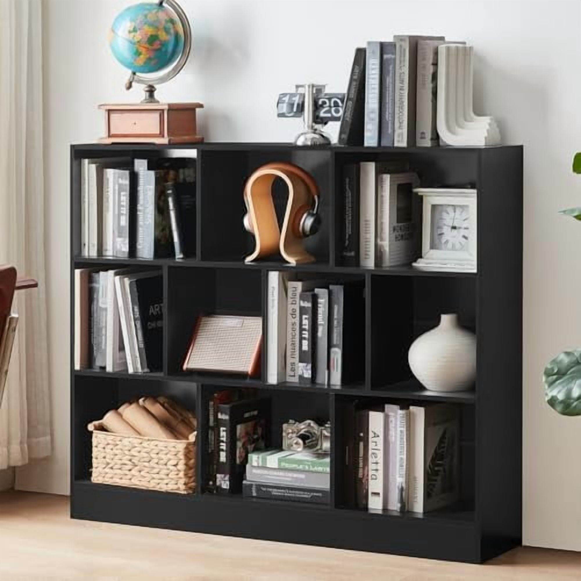 Black Wide Bookshelf,3 Tier Modern Horizontal Bookcase,Wood Low ...