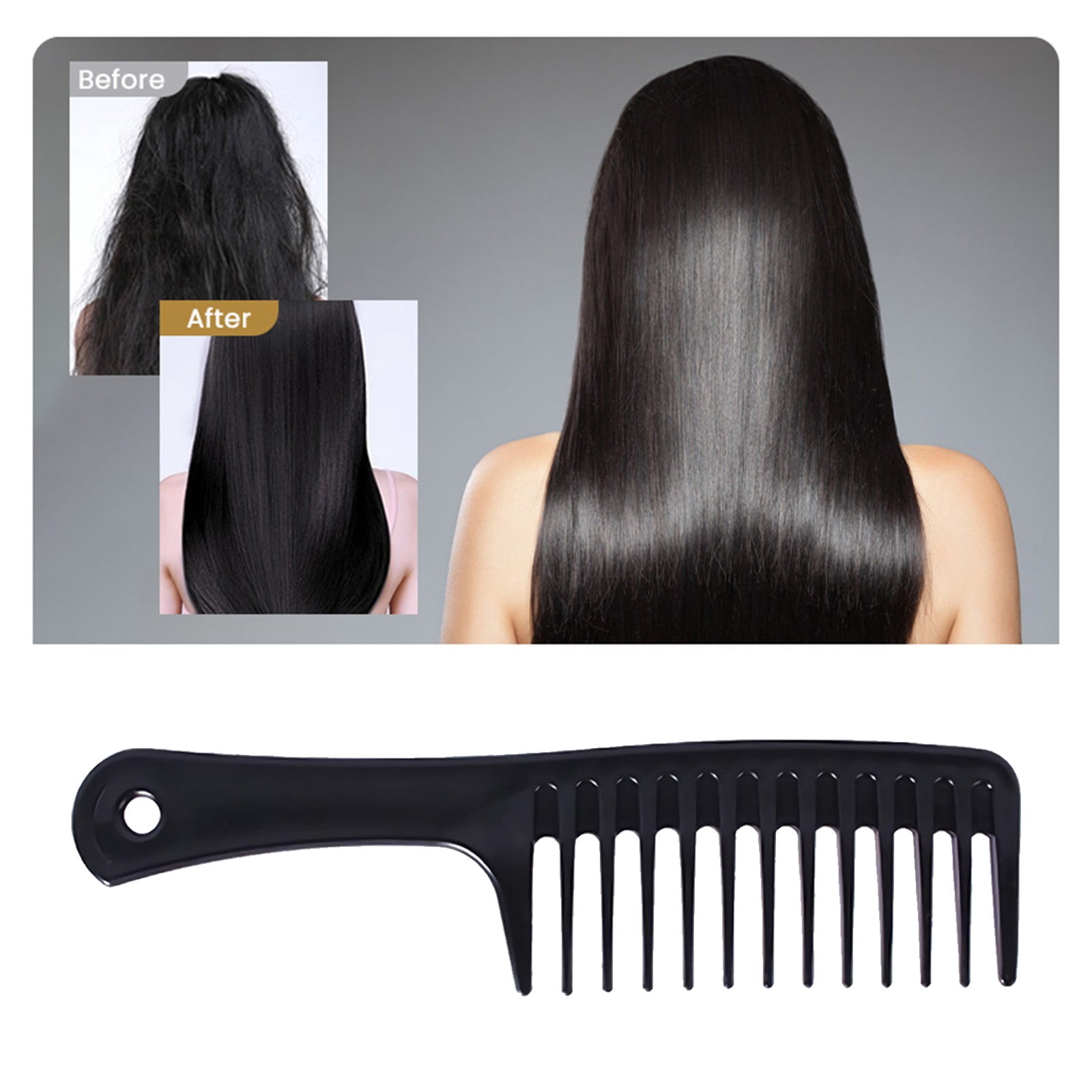 Black Wide‑Tooth Detangling Hair Comb with Handle, Large‑Gap Styling ...