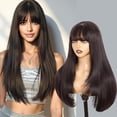 Black Wigs With Bangs | 26 Inch Long Straight Layered Synthetic Wig ...