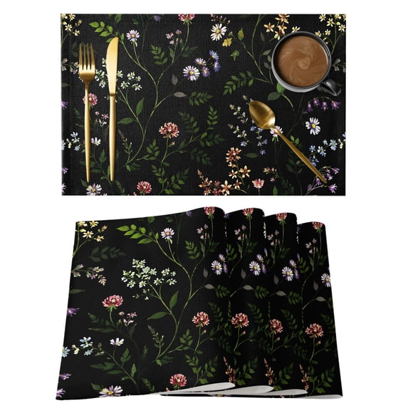 Black Wildflower Placemats Set of 4, Country Pastoral Dark Red Blue ...