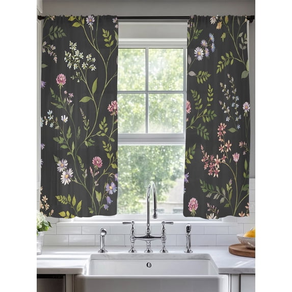 Black Wildflower Sheer Curtains 63 inches Long, Country Pastoral Dark ...