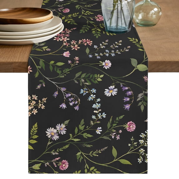 Black Wildflower Table Runner, Country Pastoral Dark Pink Purple ...