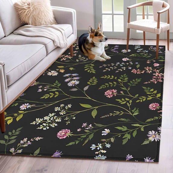 Black Wildflower Washable Area Rug 3x5 Country Pastoral Dark Pink ...