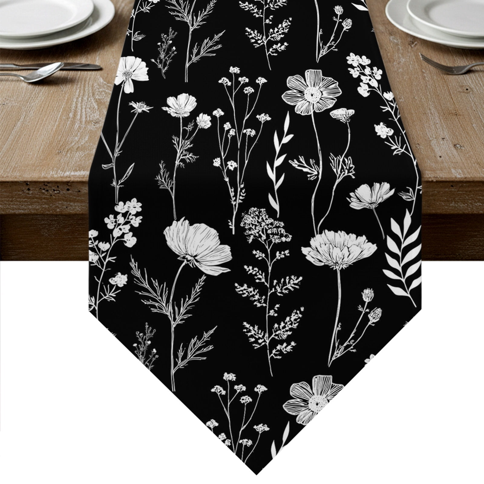 Black Wildflowers Table Runner Linen Burlap Table Runner 48 Inches Long ...