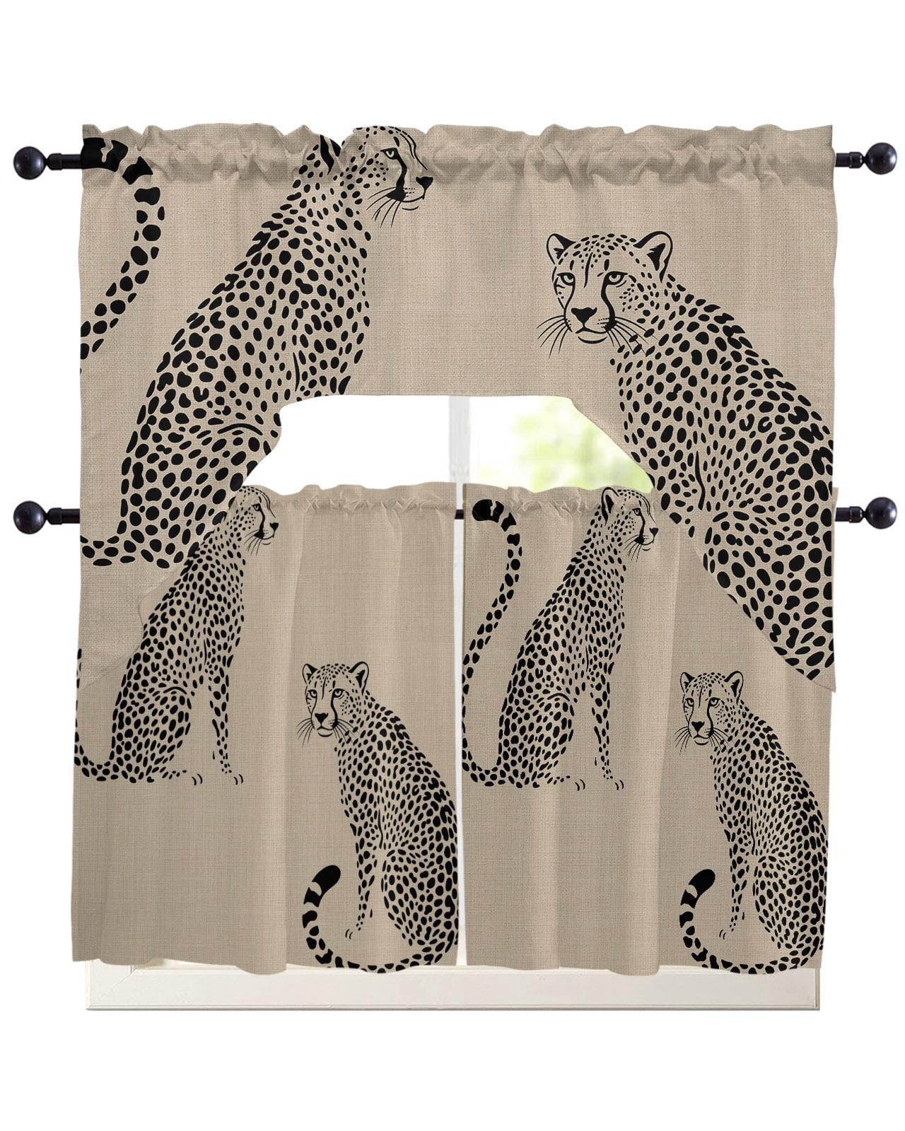 Black Wildlife Pattern Kitchen Curtains Sets for Windows 3 Piece ...