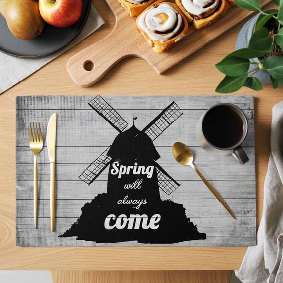 Black Windmill Placemats Set of 8, Spring Will Always Come Letters Gray ...
