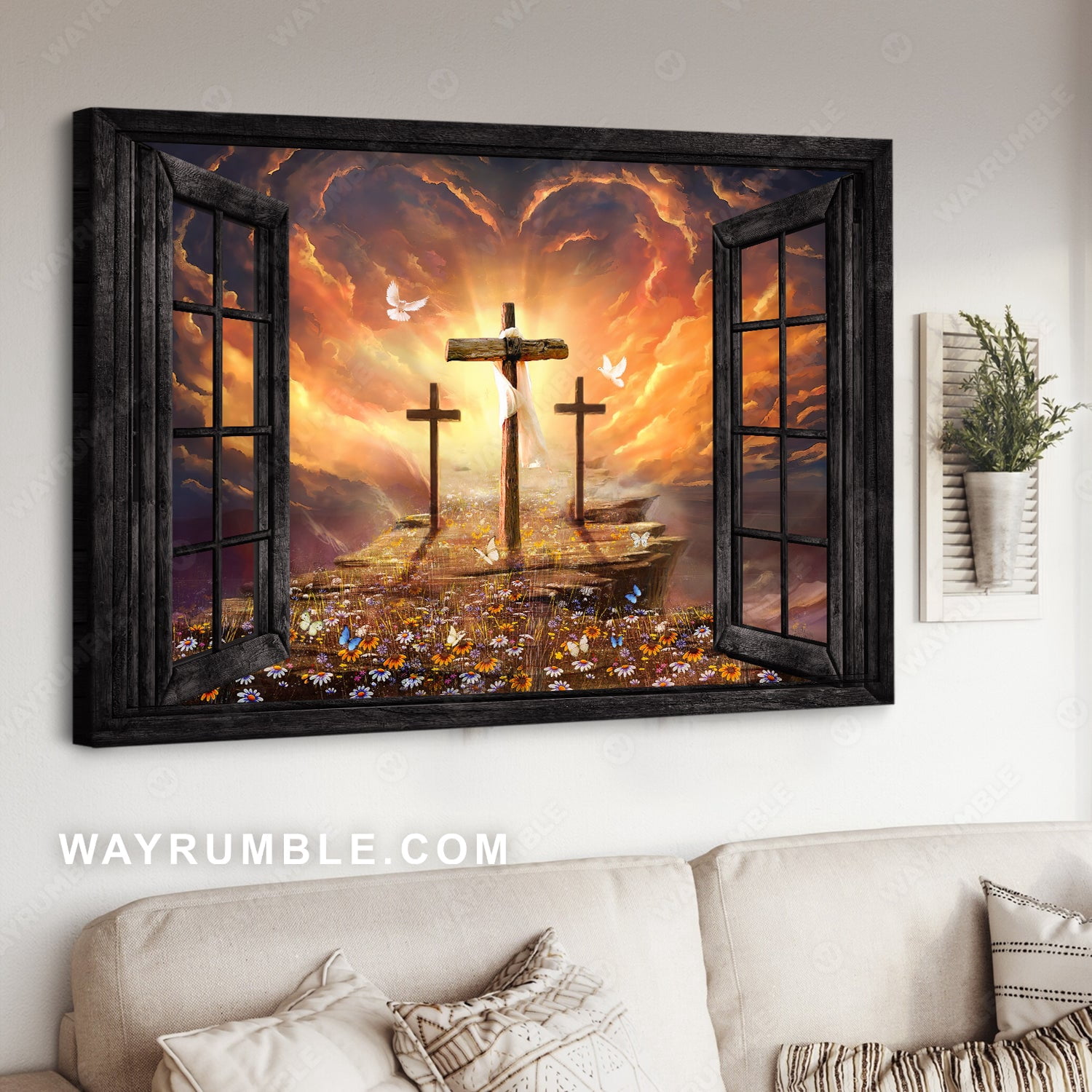 Black Window Sunset Painting The Three Crosses - Jesus Landscape Poster ...