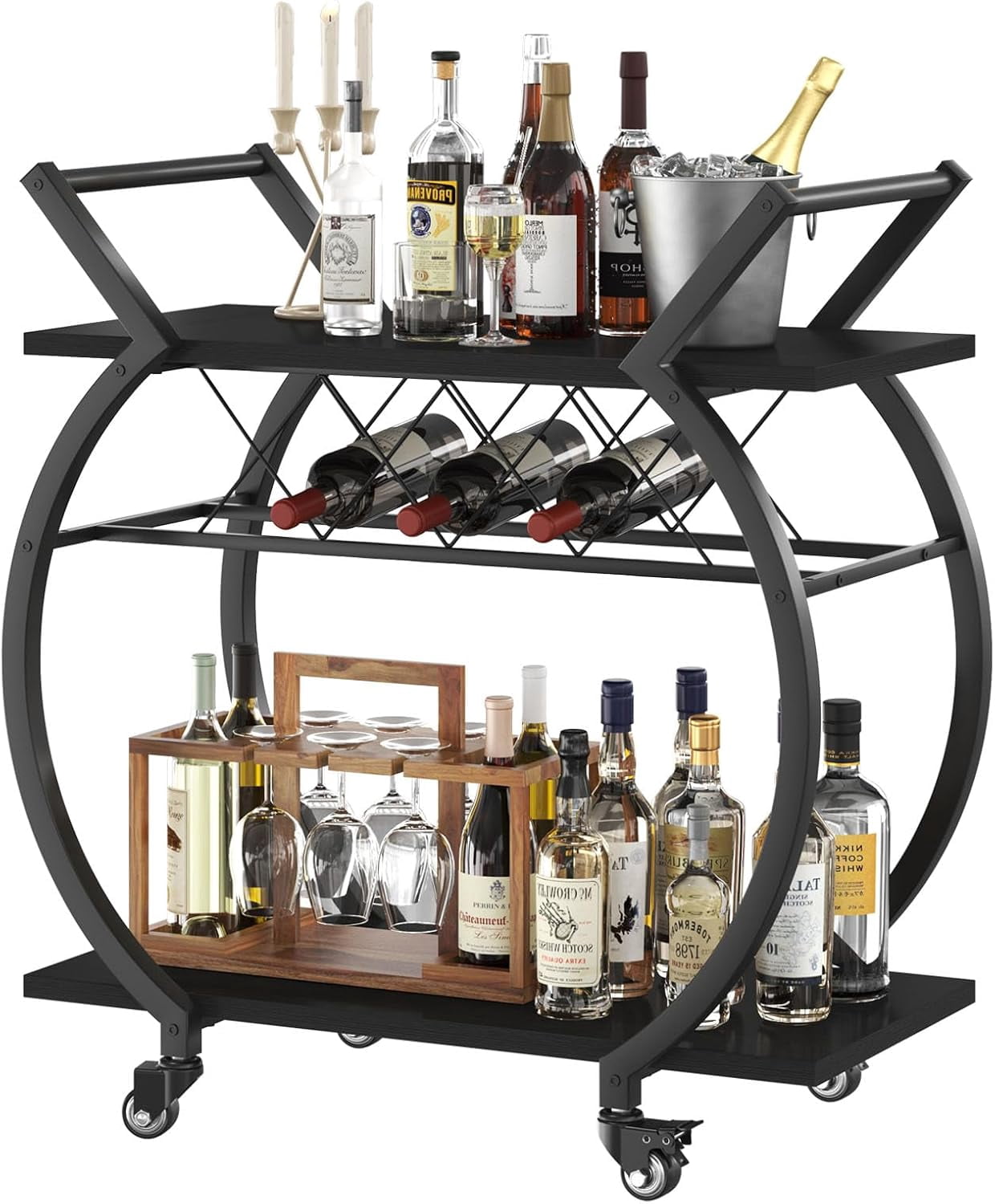 Black Wine Cart with Wheels, Modern Bar Cart with Wine Rack, Industrial ...