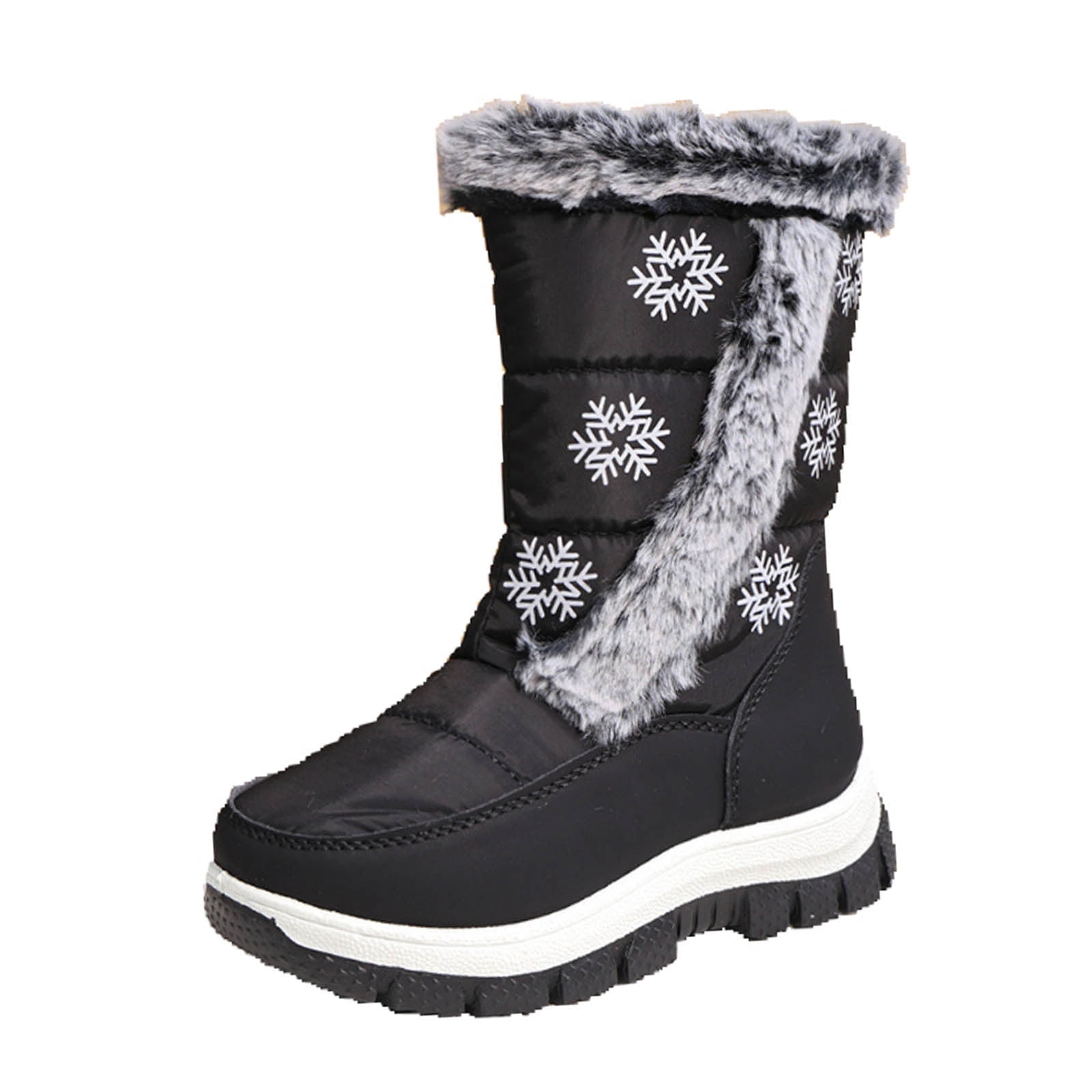 Black Winter Boots For Kids, Fleece Lining With Snowflake Pattern, High ...