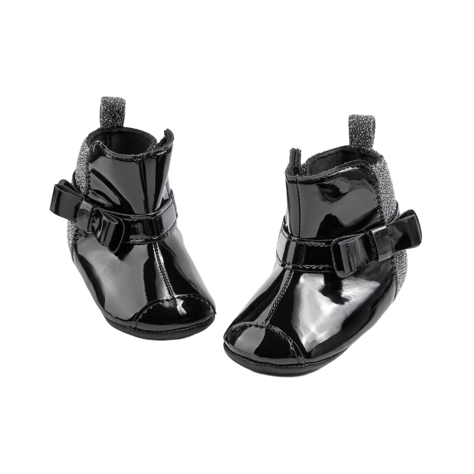 Black Winter Warm Boots For Babies With Shiny Leather Bow Tie And Non ...