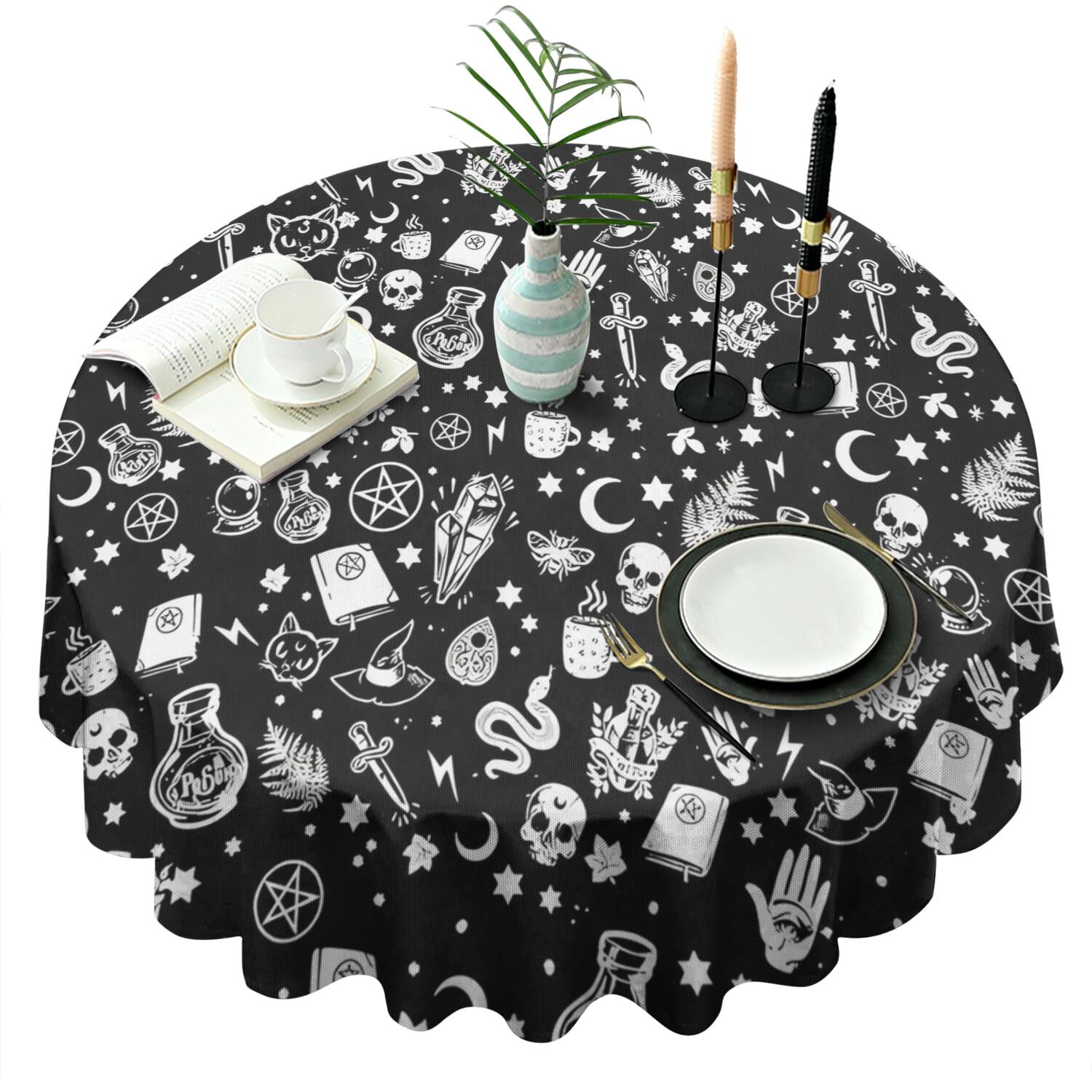 Black Witch Cat Skull Pattern Round Tablecloth 60"x60",Wrinkle Wipeable ...