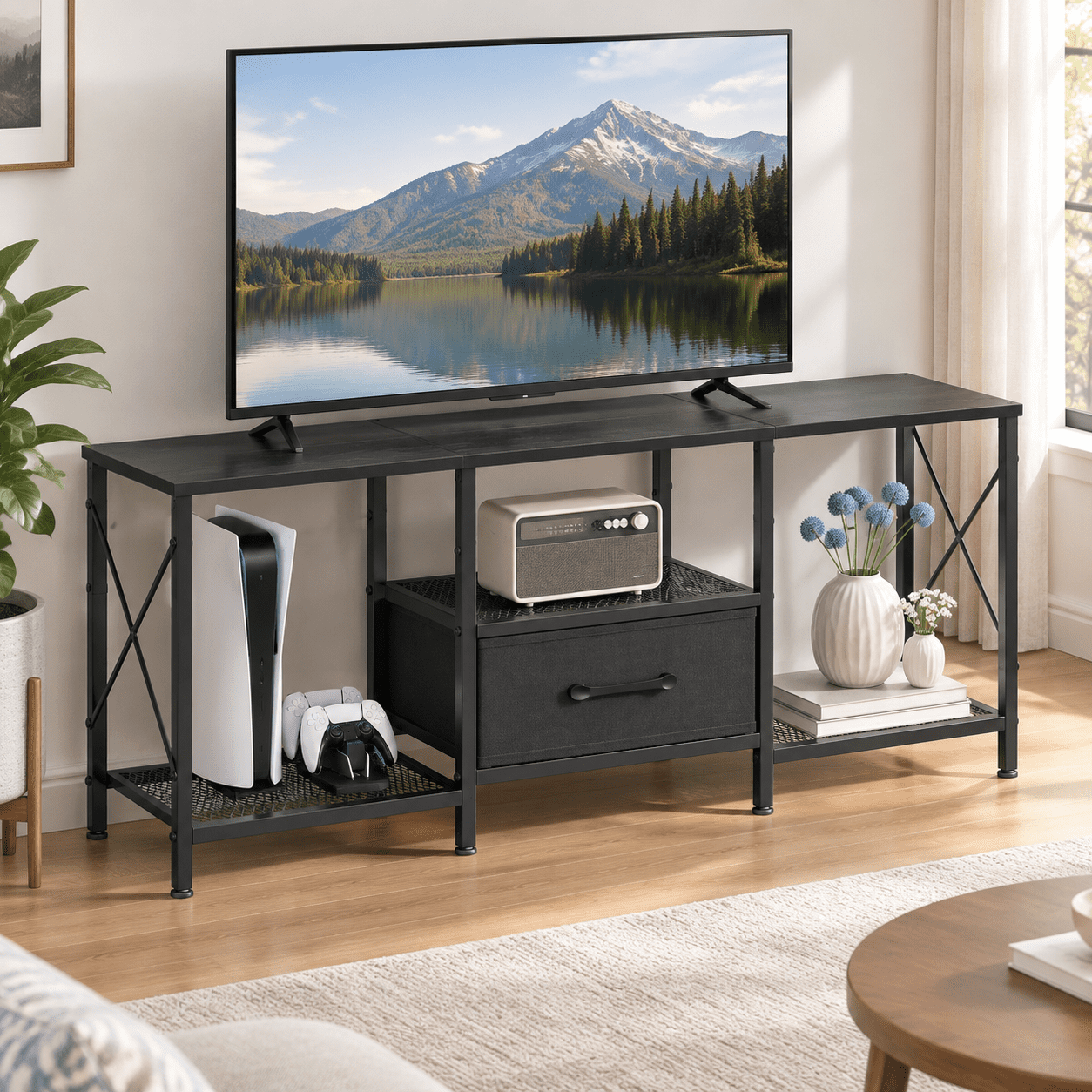 Black With Led Light TV Stand For 50 55 Inch TVs With Fabric Drawer And ...