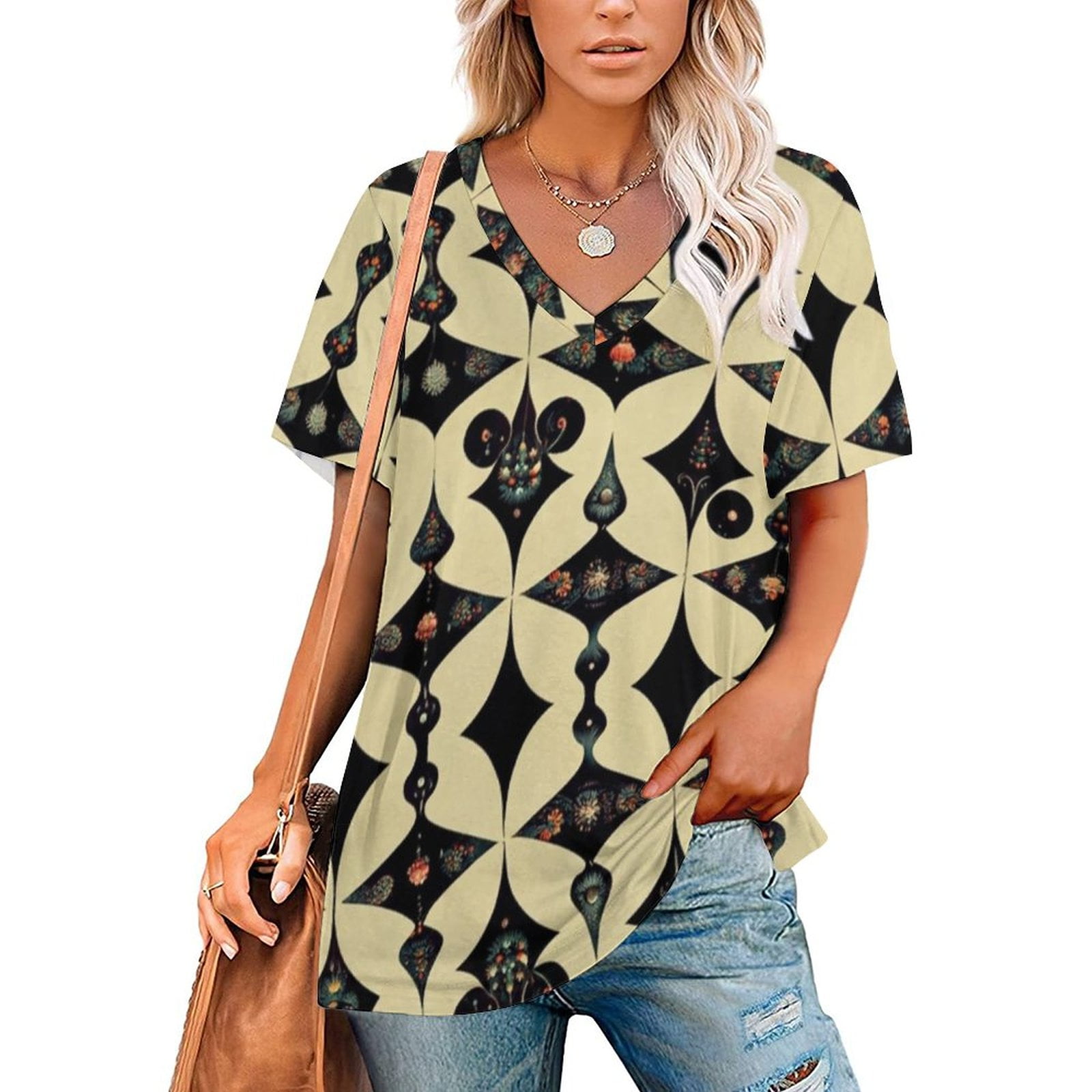 Black With Pink And Blue Floral Motif Ruffle Short Sleeve T-Shirt Women ...