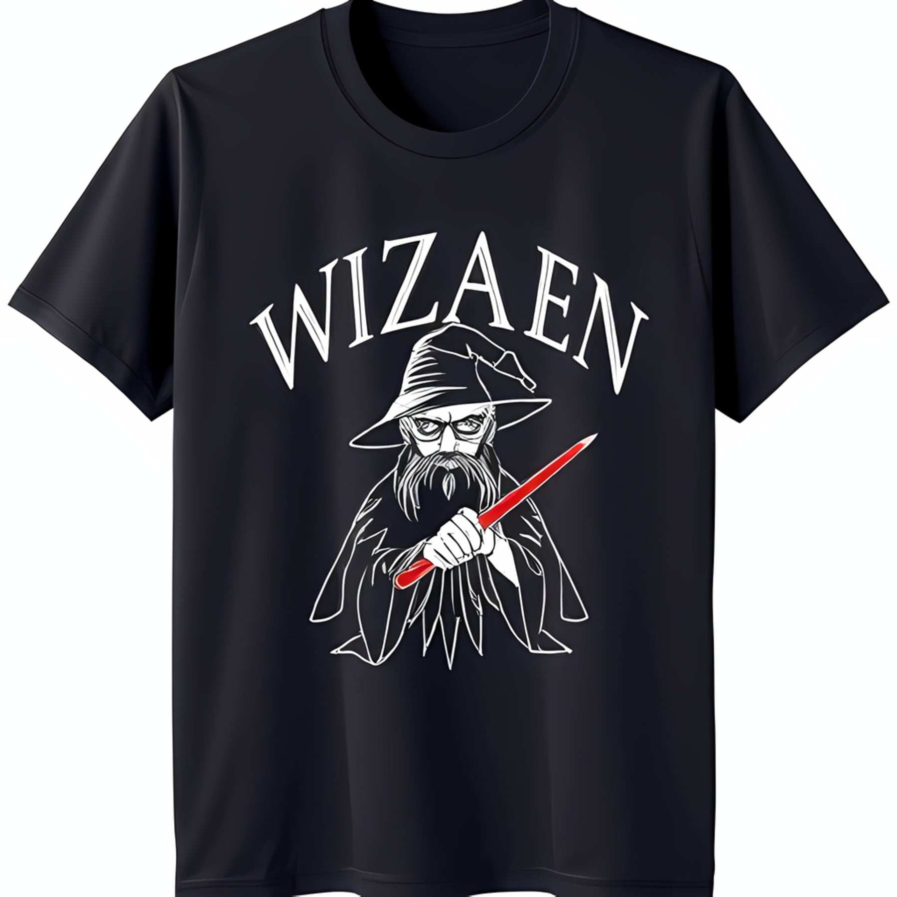 Black Wizard T-Shirt with Bold 'WIZAEN' Graphic & Red Wand Design ...