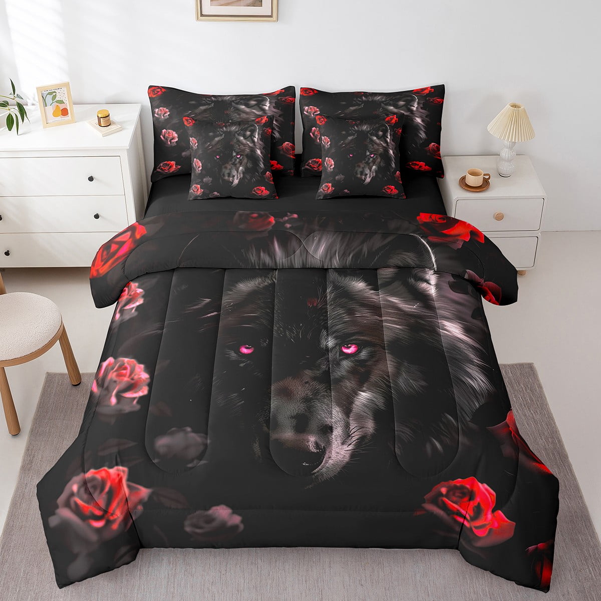 Black Wolf Bed in a Bag King Size Comforter Set 7 Pieces,Red Rose ...