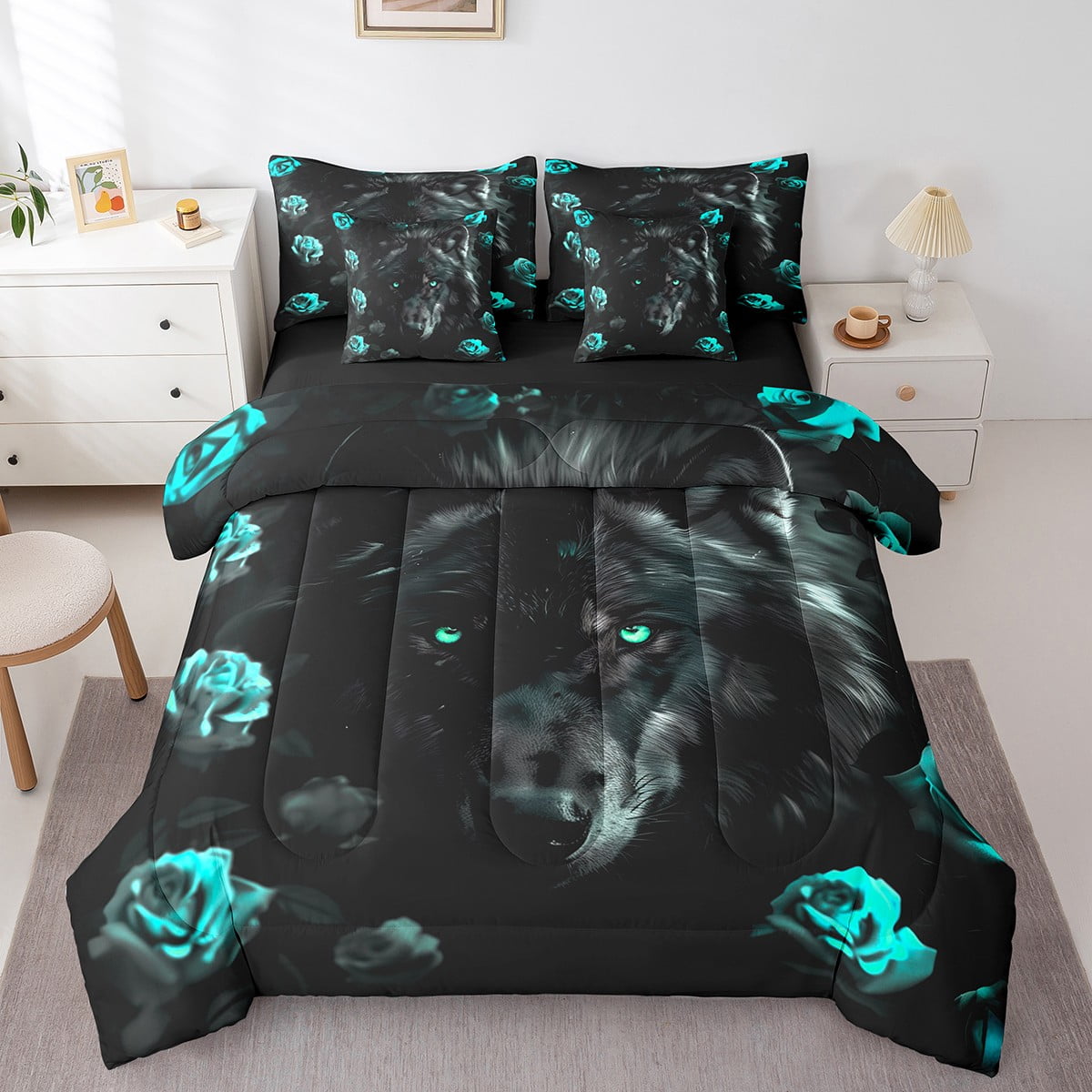 Black Wolf Bed in a Bag Queen Comforter Set 7 Piece,Teal Rose Bedding ...
