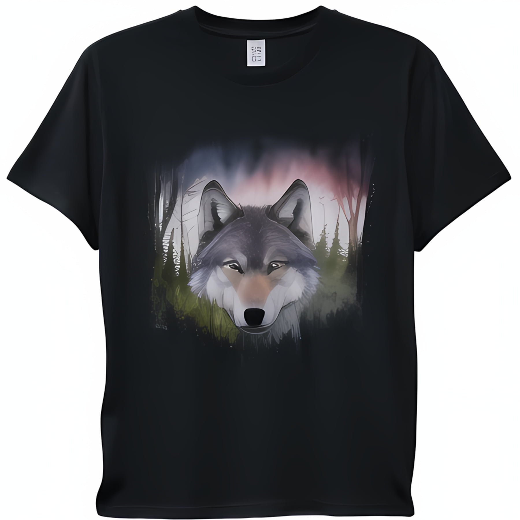 Black Wolf Face T-Shirt with Forest and Northern Lights Print Design ...
