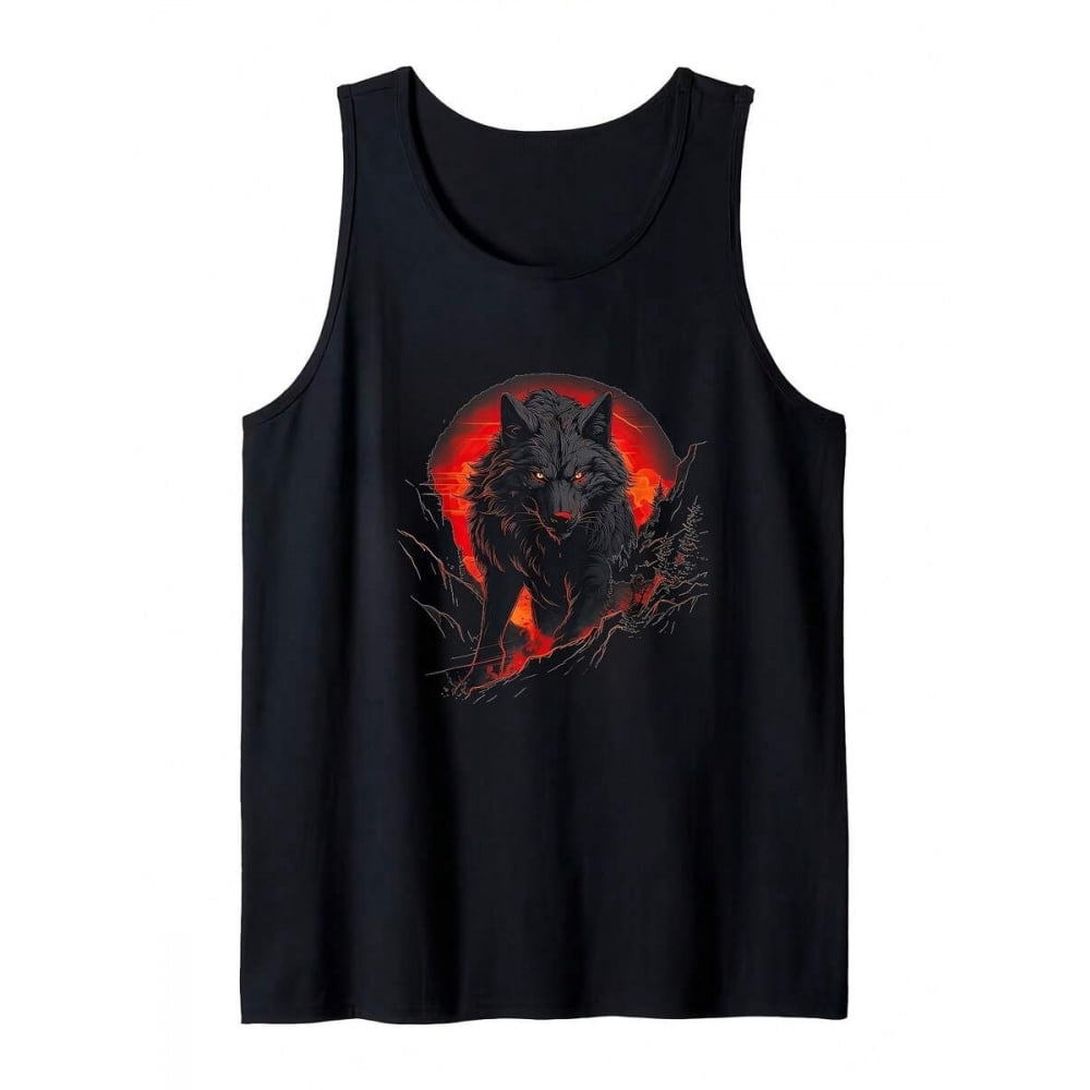 Black Wolf Graphic Tank Top With Red Moon Design Mens Sleeveless Wild ...