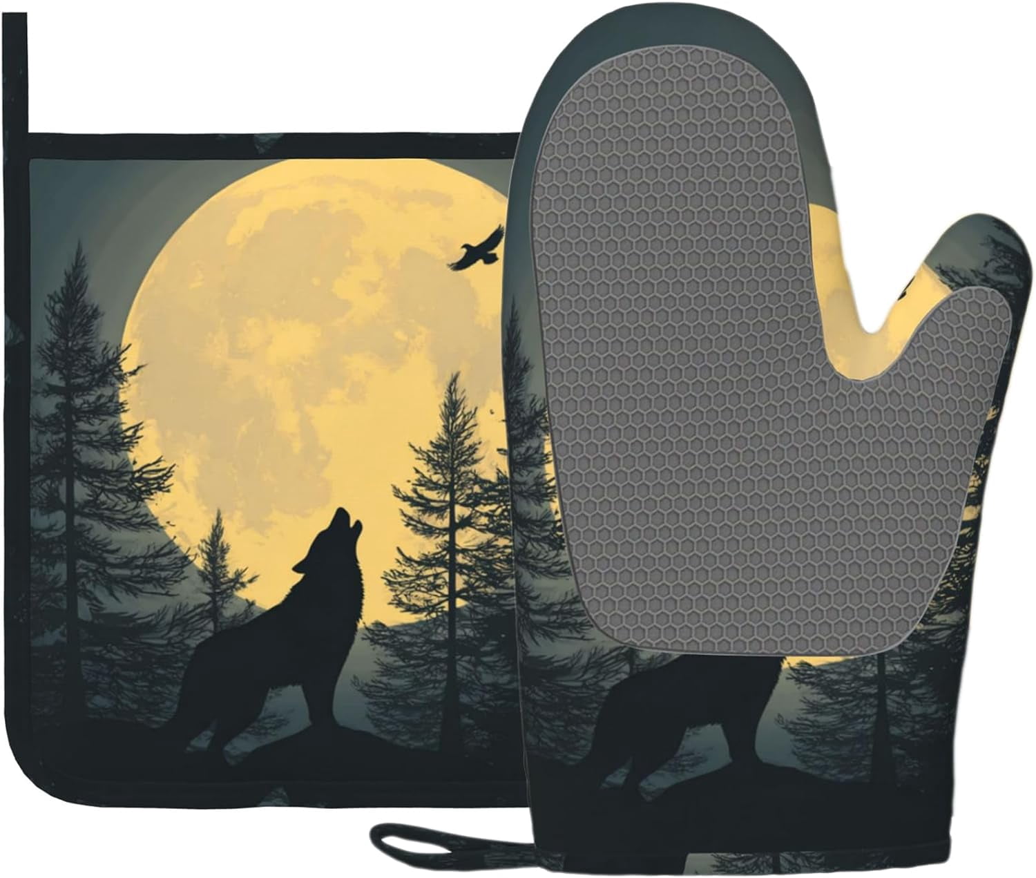Black Wolf Howling at The Moon Oven Mitt and Pot Holder with Silicone ...