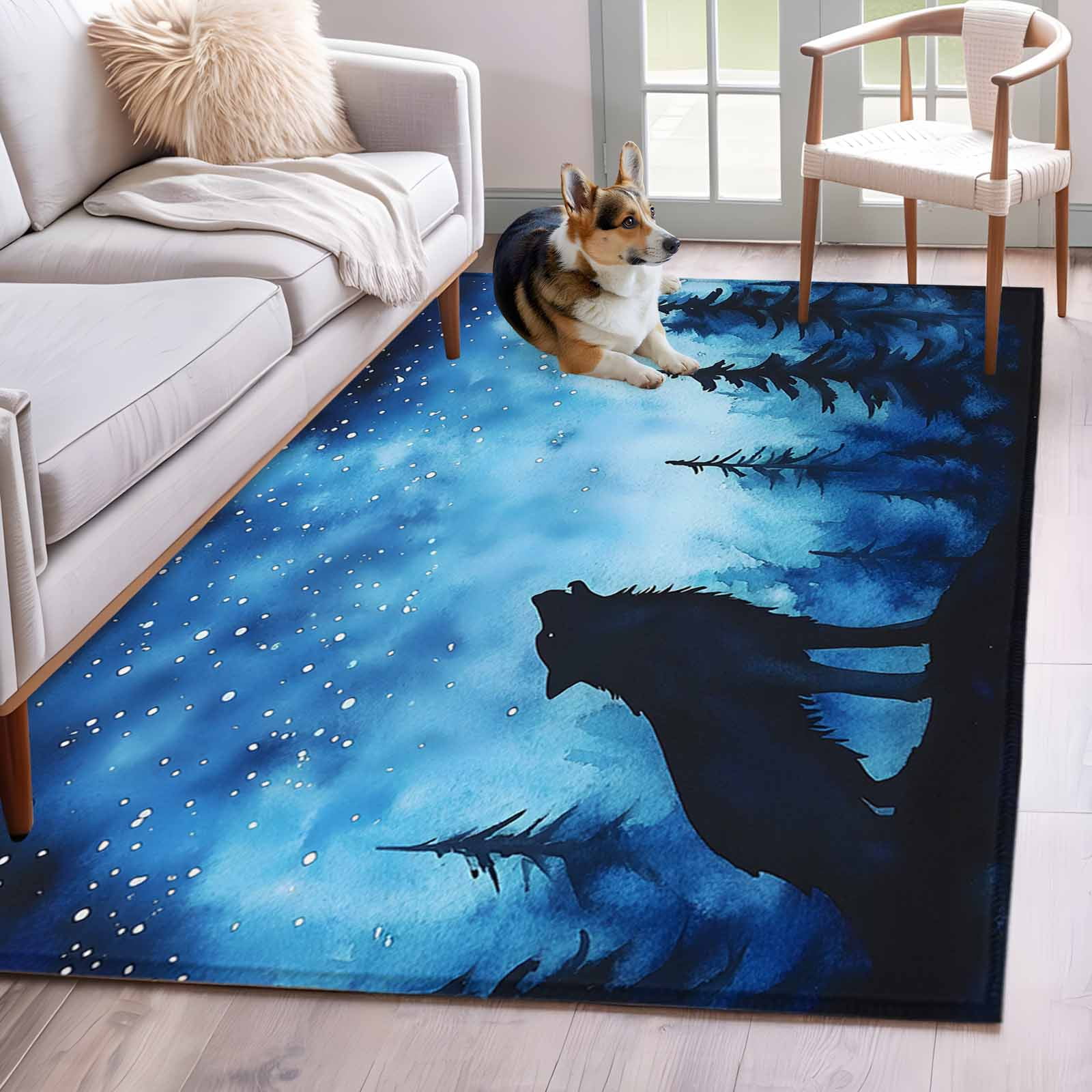 Black Wolf Night Area Rug 4x6 Washable Rug Non Slip Abstract Forest ...